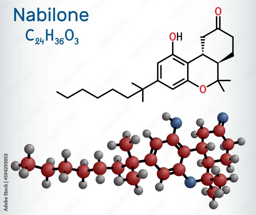 Nabilone molecule. It is synthetic cannabinoid, used as antiemetic drug ...