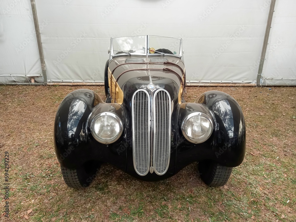 Old black sport 1930s BMW 328 roadster. Autoclasica 2022 classic car ...