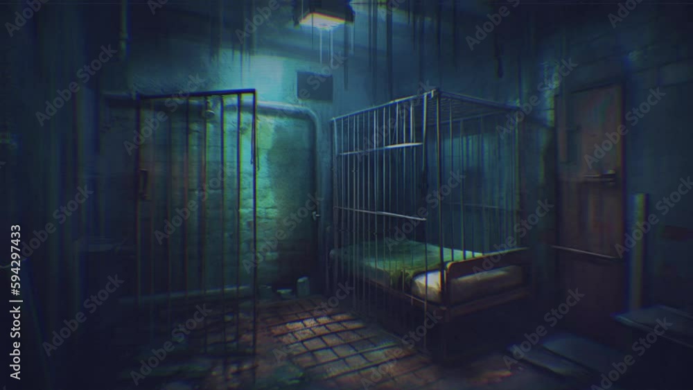 Haunted prison cell with blinking light. Creepy and abandoned interior ...