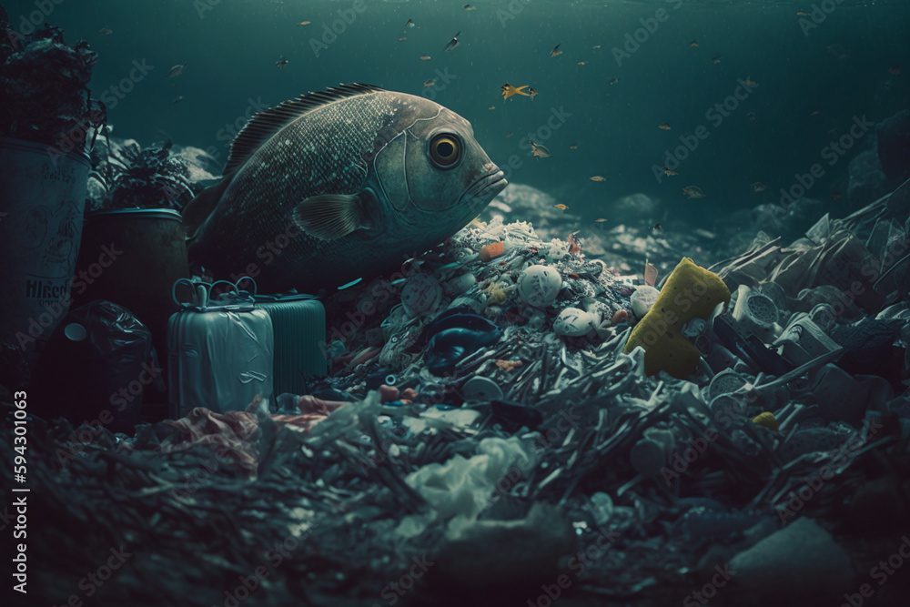Ocean pollution. Fish swim surrounded by garbage. Waste in the ocean ...