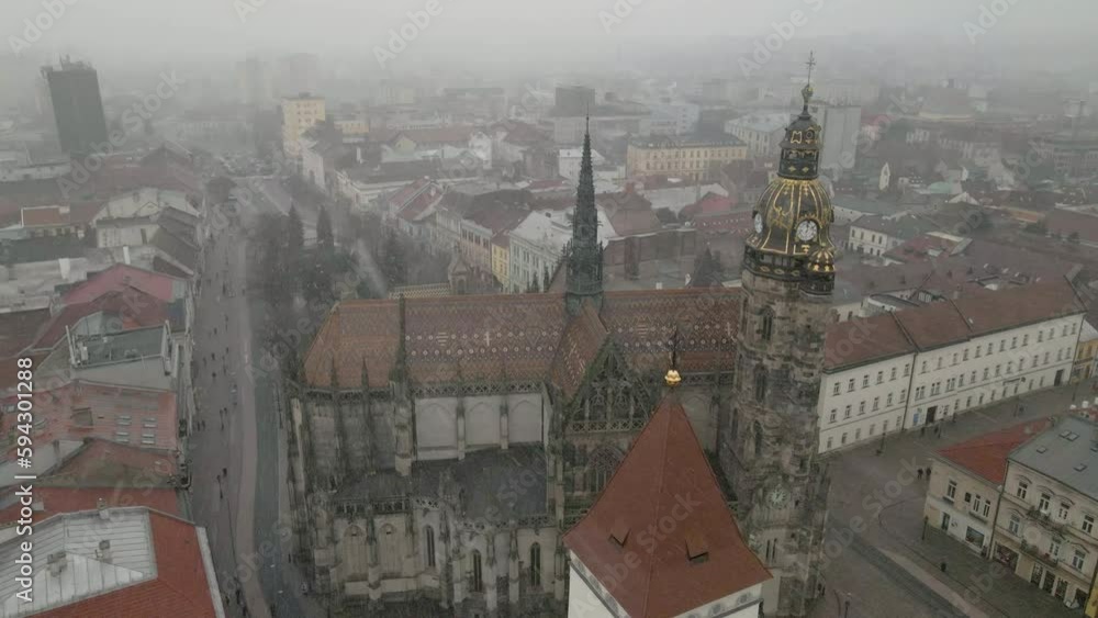 Drone footage cityscape of St. Elisabeth's Cathedral in Kosice ...