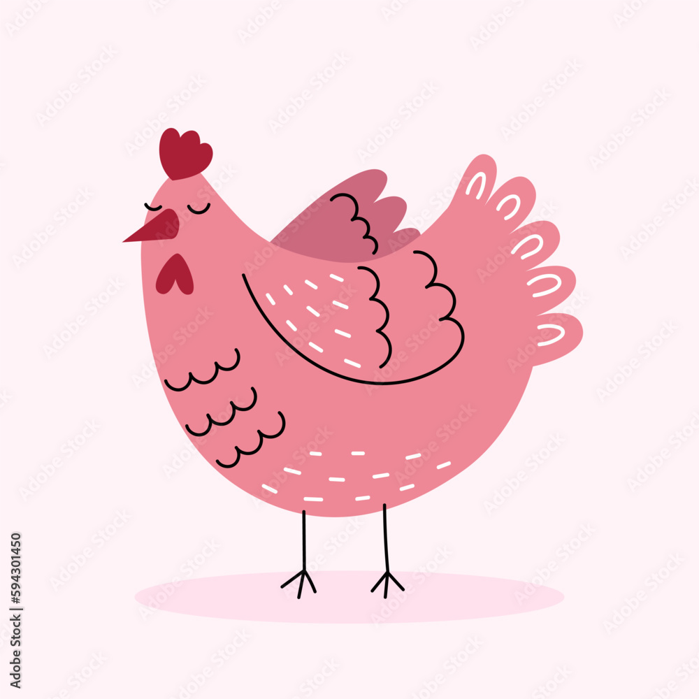 Cute pink hen. Poultry farm, farm animals and birds. Cartoon vector ...