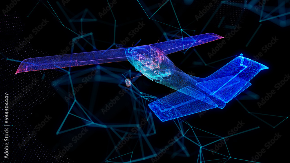 3d airplane. Digital airliner and world map concept in dark blue ...