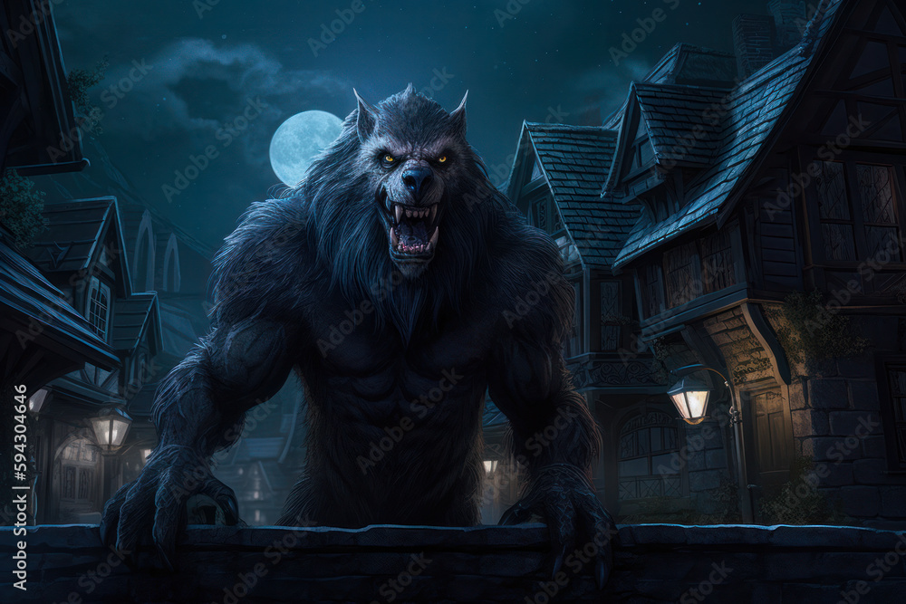 Werewolf in Moonlight Looming Over Quiet, Old Village with Rustic ...