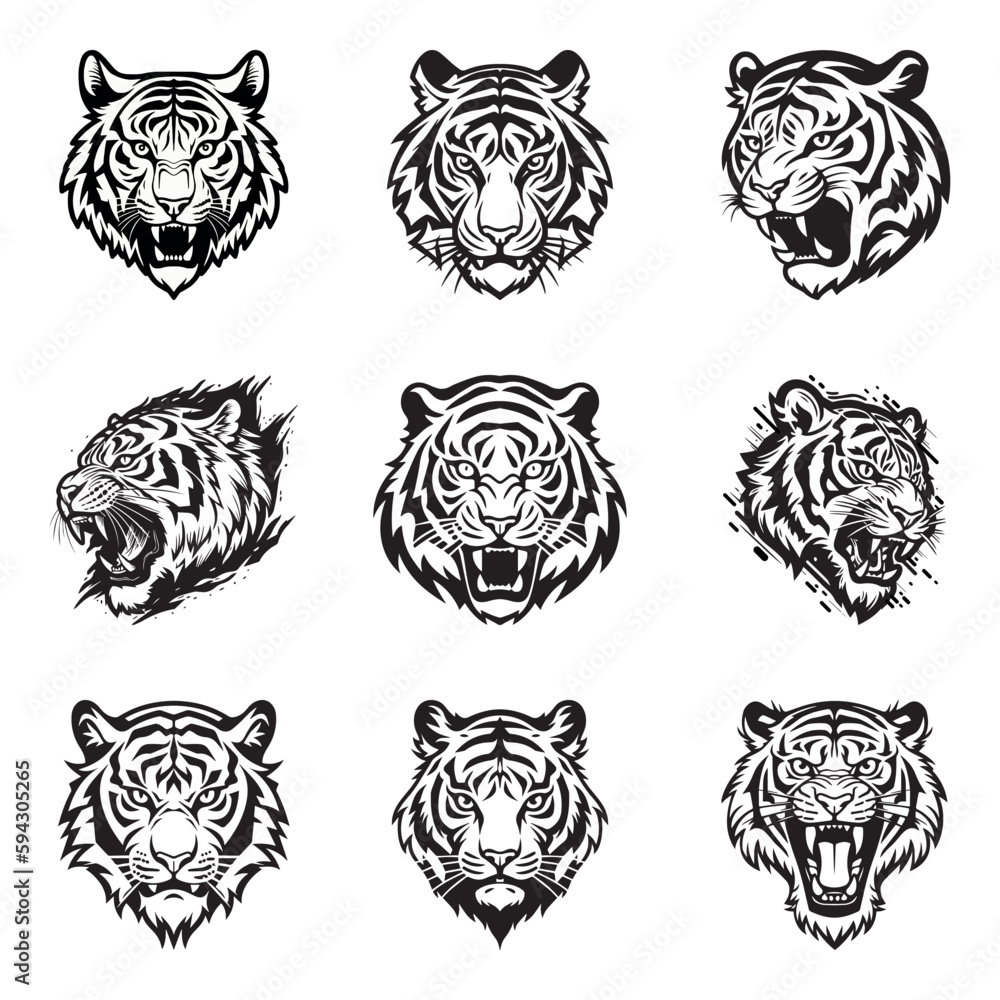 Vector set of tiger logos, face for logos, emblems, badges and labels ...