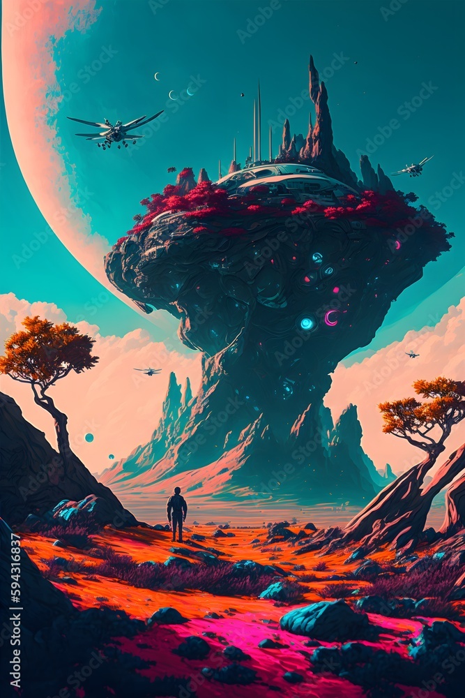 imaginary alien world world environment flying quid drones complex wide ...