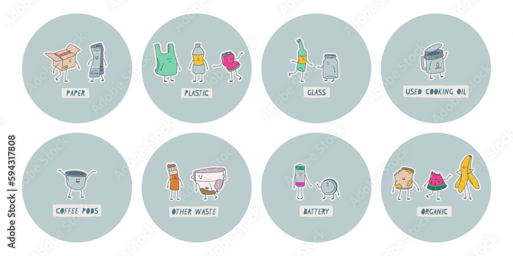 Waste sorting stickers. Plastic, paper, glass, coffee capsules ...
