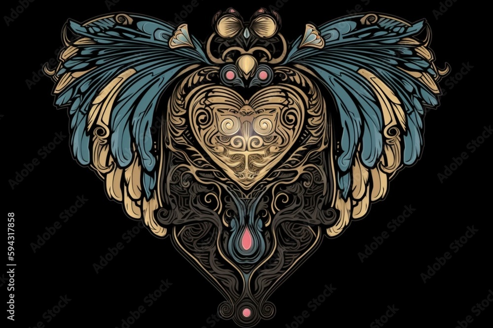 heart with wings on a black background with mucha and art nouveau style ...