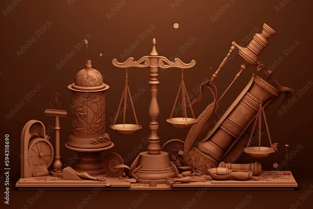 Law symbols composition. Gavel, scale, legal code and Themis sculpture ...