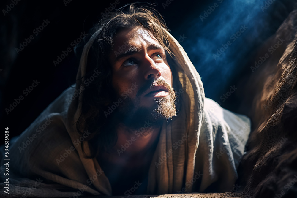 Jesus Christ emerging from the tomb, resurrected, bright, hopeful ...