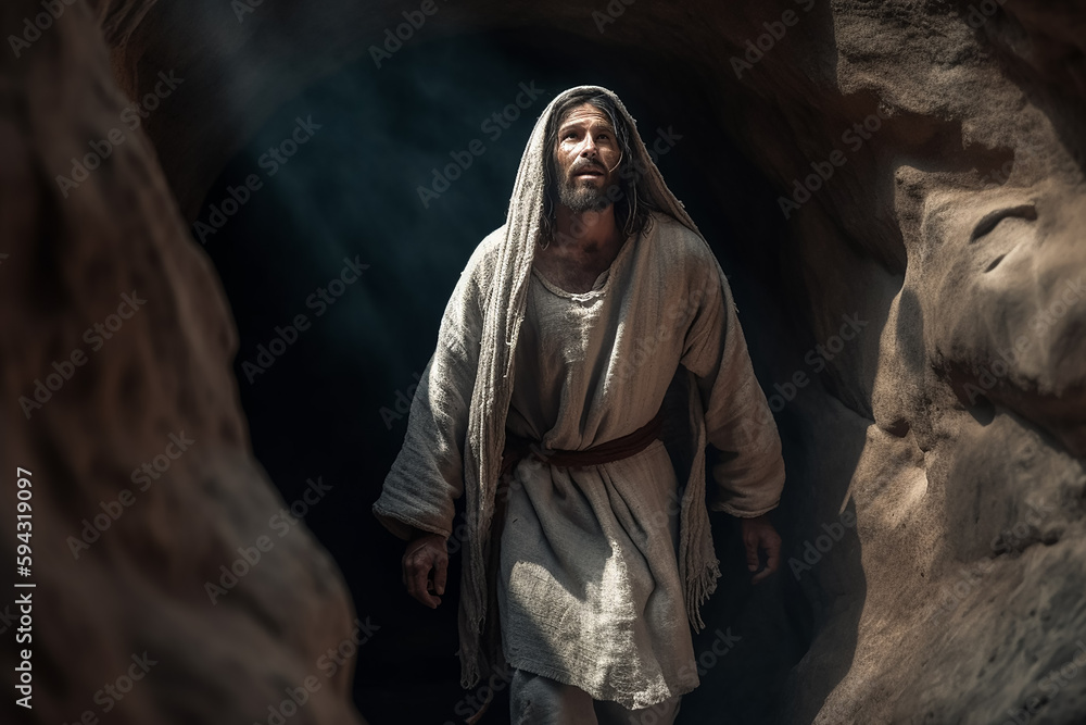 Jesus Christ emerging from the tomb, resurrected, bright, hopeful ...