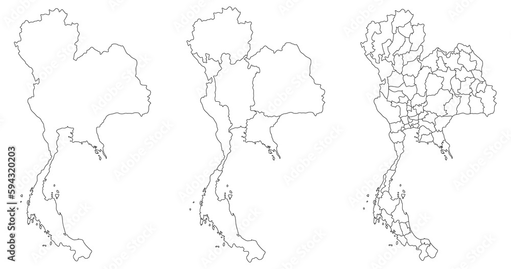 Thailand map set white-black outline with the administration of regions ...