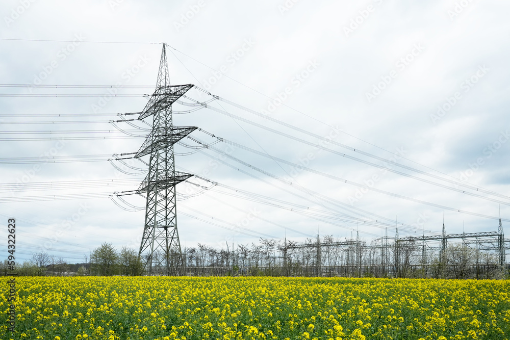 Power lines and substation, extra high voltage lines behind the ...