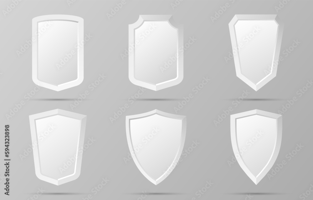 Grey render shield set with shadow on grey background. Safeguard blank ...