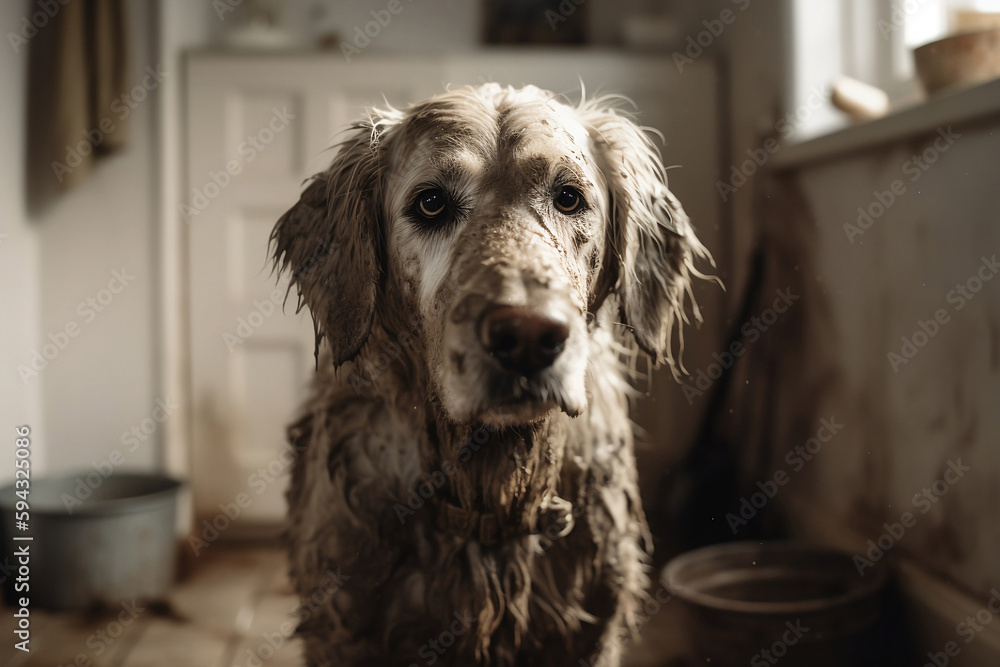 Guilty looking dirty dog covered in mud in kitchen. Generative AI ...