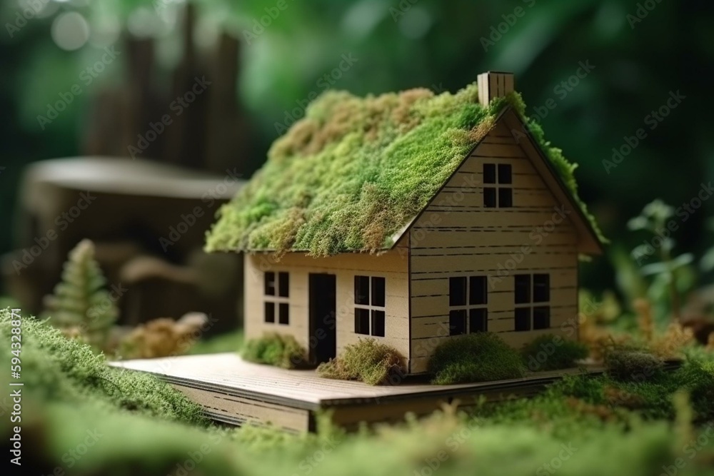Creative eco concept. Eco Friendly House - Paper wooden Home On Moss In ...