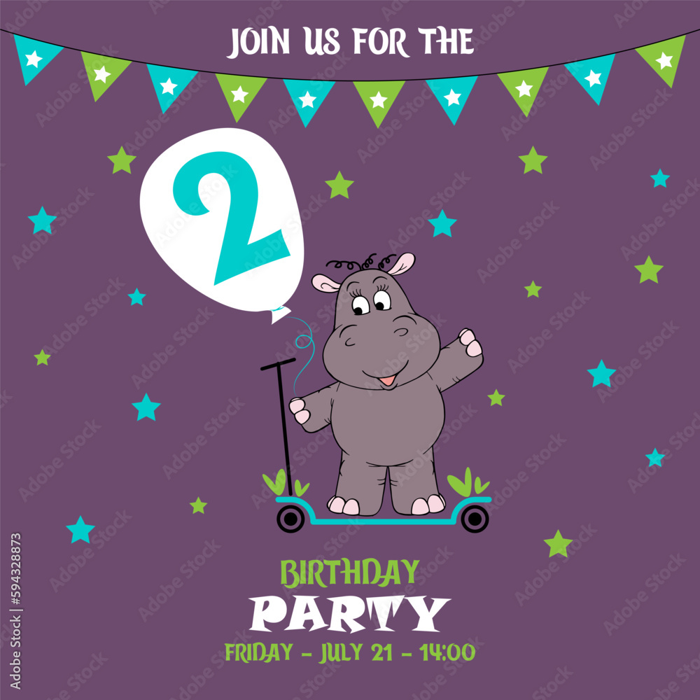 Vetor de cute baby boy hippo on a scooter, birthday invitation, 2 years ...