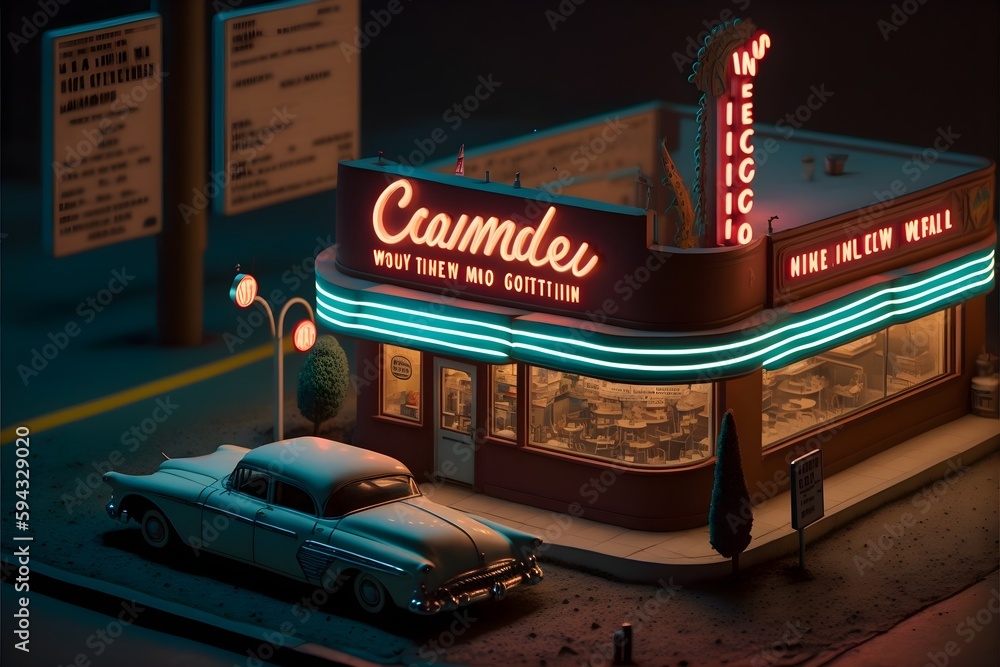 atompunk scifi 50s aesthetic nighttime life city diorama in the style ...