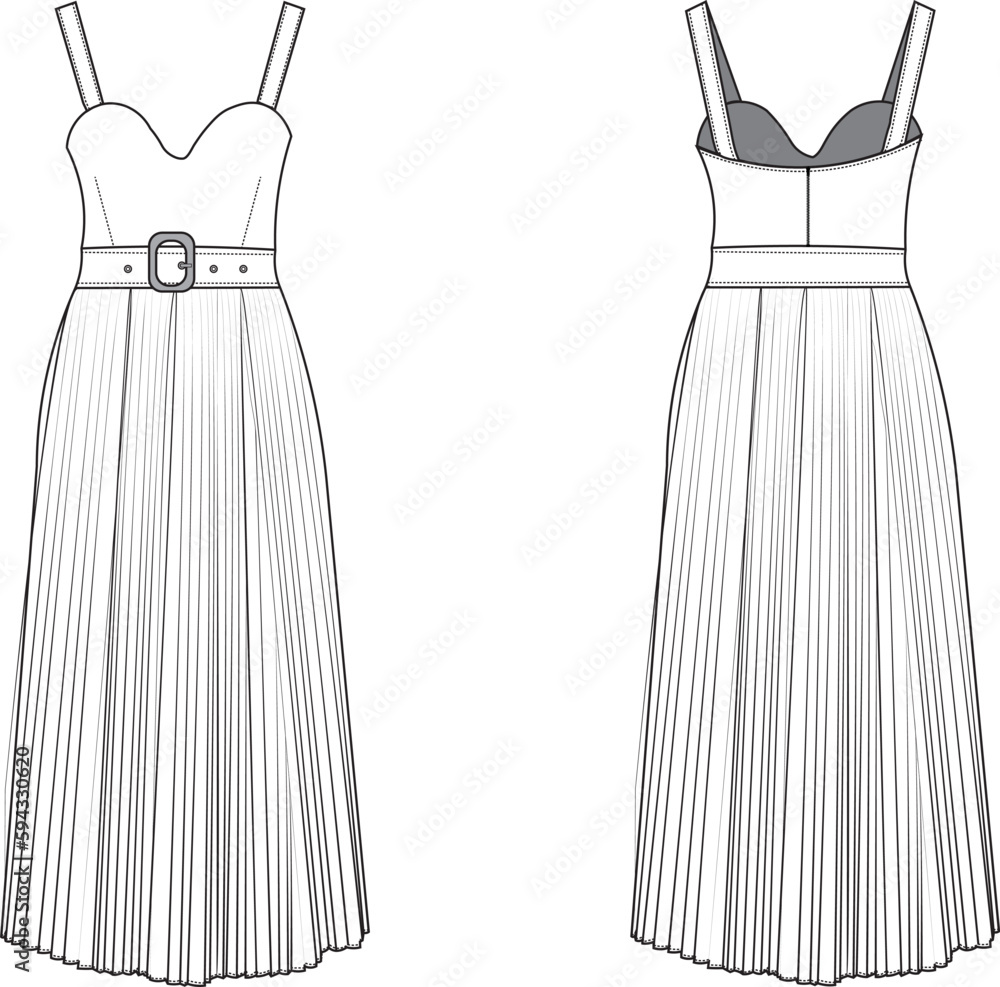 accordion pleated belted strap dress flat drawing fashion technical ...
