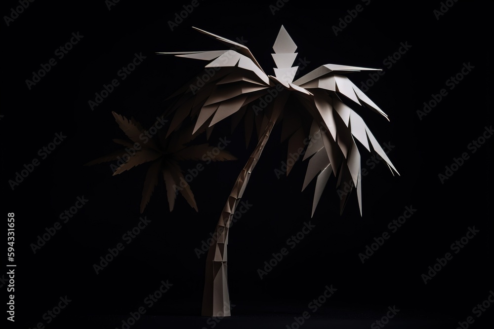 a paper palm tree in the dark with a black background and a black ...