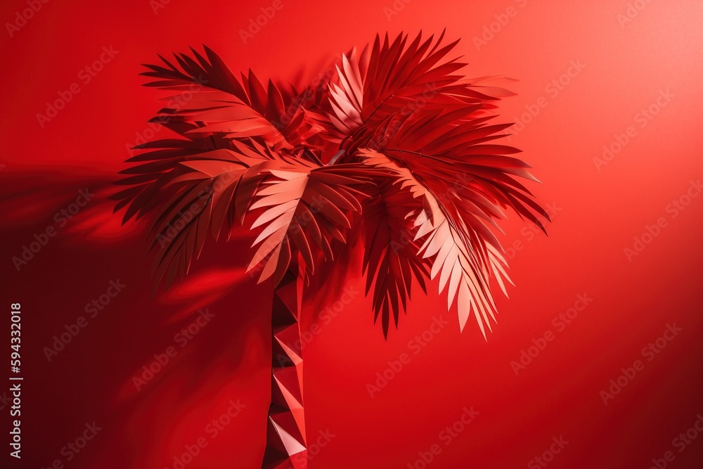 a red palm tree against a red wall with a black and white stripe on the ...