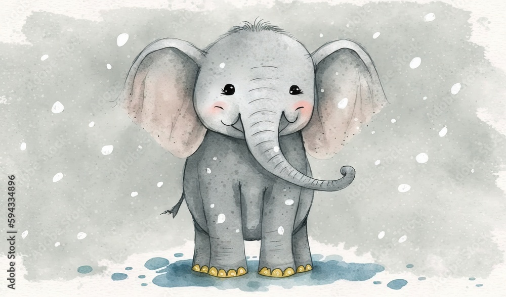a watercolor painting of an elephant standing in the snow with snow ...