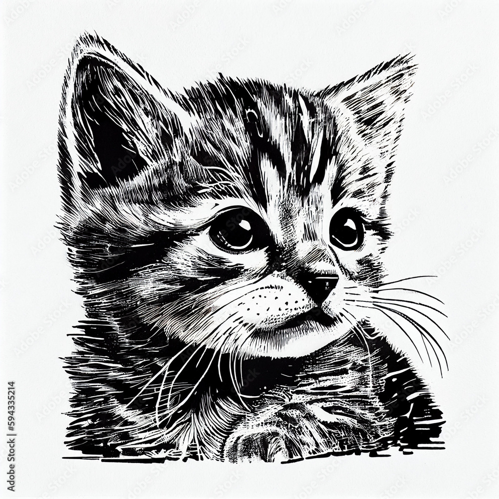 Pixie Bob Cat portrait illustration, detailed black and white art ...