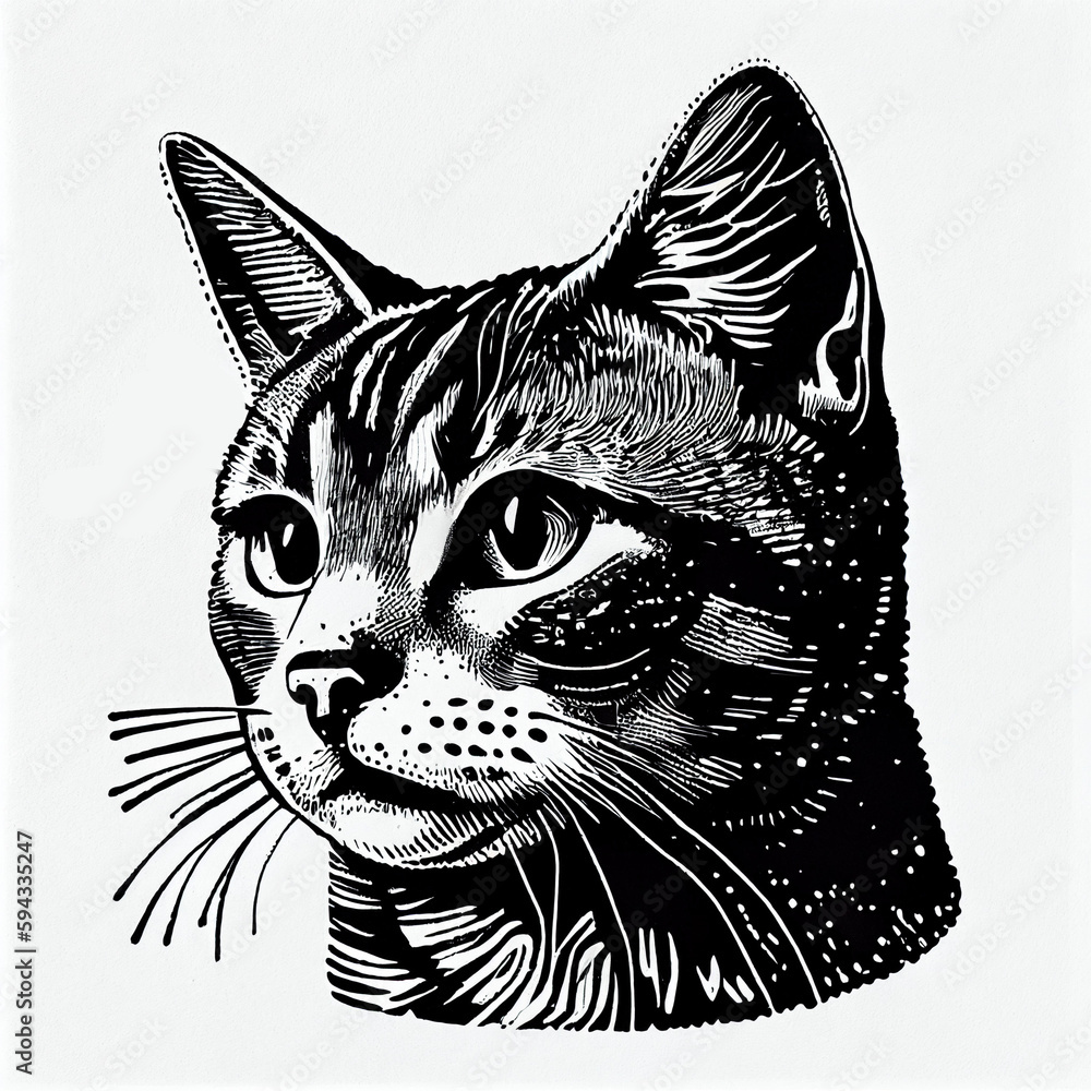 Pixie Bob Cat portrait illustration, detailed black and white art ...
