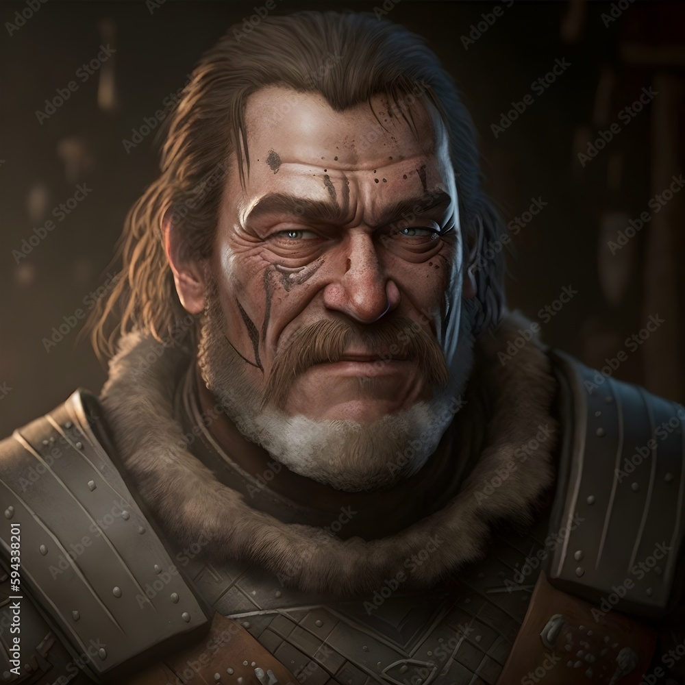 old warrior skinny strong man great meaty gut and jowls chainmail dirty ...