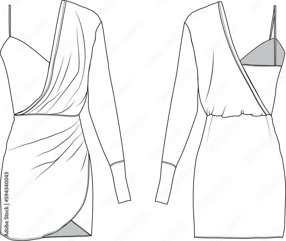 asymmetrical shirt dress flat drawing dress template fashion technical ...