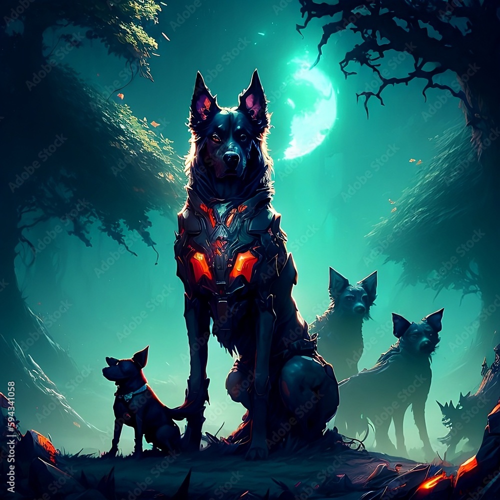 "Shadow Stalker: The Dark Dog" - Background: A dominant dog set against ...