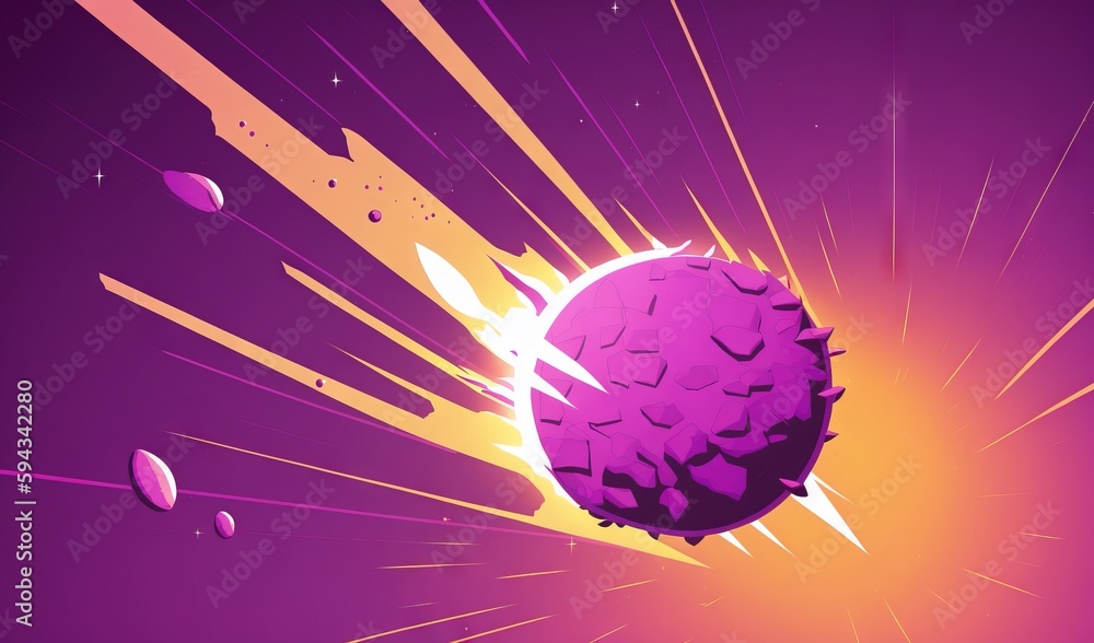 a purple and yellow object is flying through the air with a star burst ...