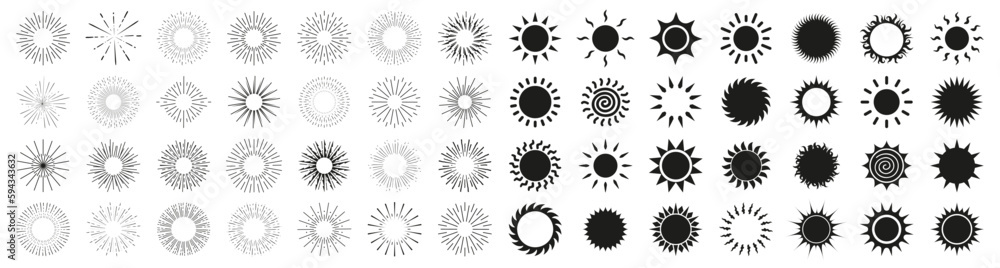 Set of sun and sunburst shapes. Sun icons and sunbeam collection Stock ...