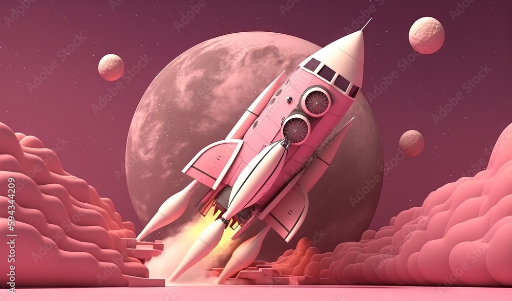 a pink rocket ship flying through the air with planets in the ...