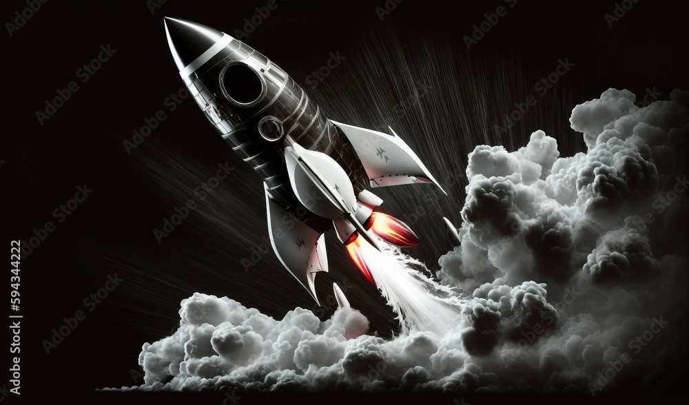 a black and white photo of a rocket taking off into the sky with smoke ...