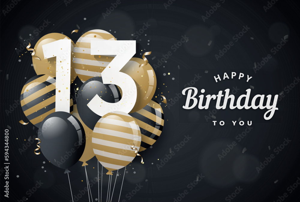 Happy 13th birthday balloons greeting card black background. 13 years ...