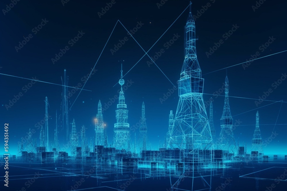Raster illustration of metropolis of the future. Skyscrapers, neon blue ...