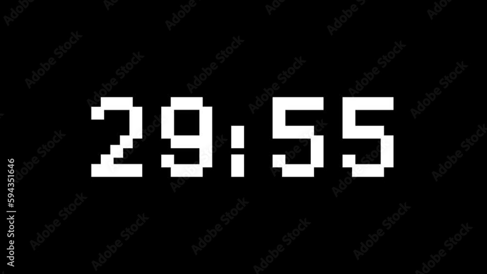 Digital clock 30 minutes countdown timer animation on black background ...