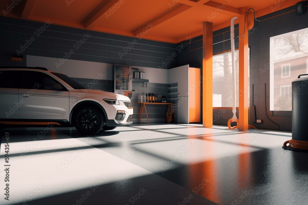 A car is parked in a garage with orange stripes on the floor and a gas ...