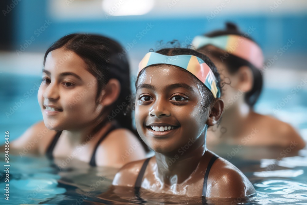 Diverse young children enjoying swimming lessons in pool, learning ...