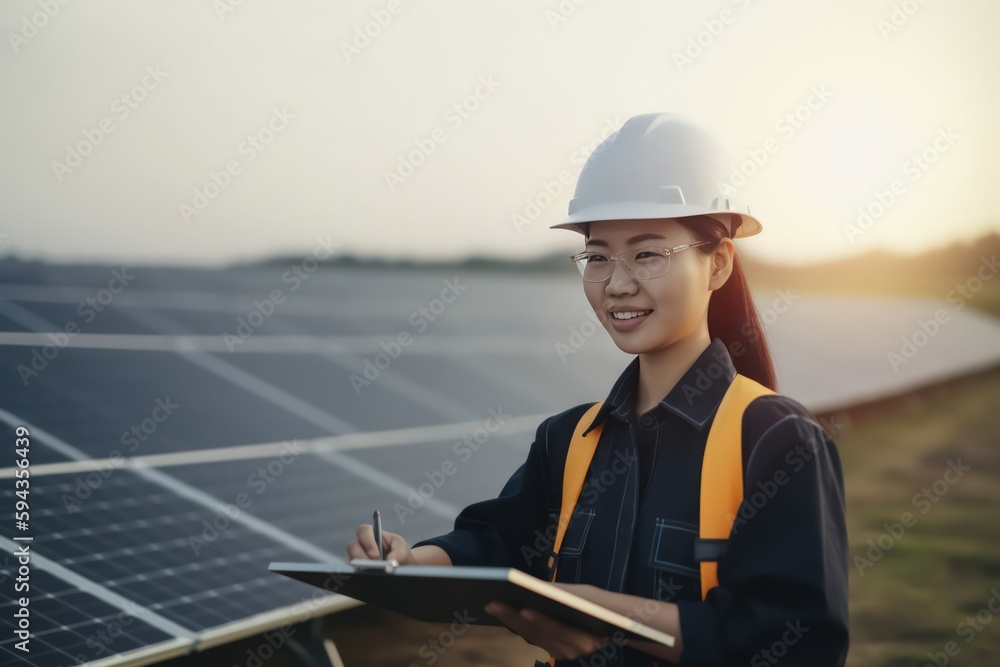 Asian female solar panel technician working on renewable energy ...