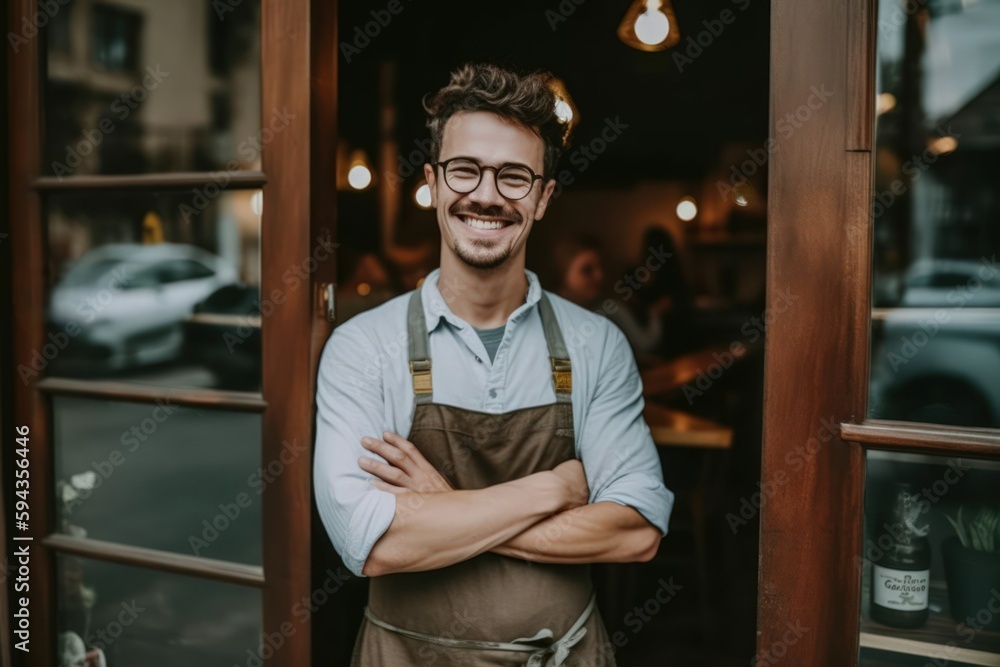 Proud coffee shop owner standing in front of cozy café, confident ...