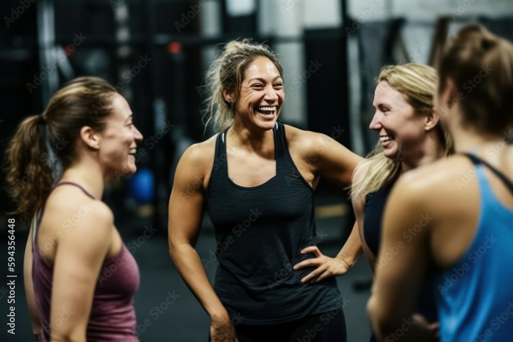 Candid photo of a group of women laughing after a gym workout, joy and ...