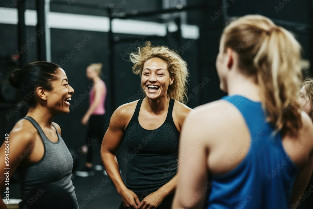 Candid photo of a group of women laughing after a gym workout, joy and ...
