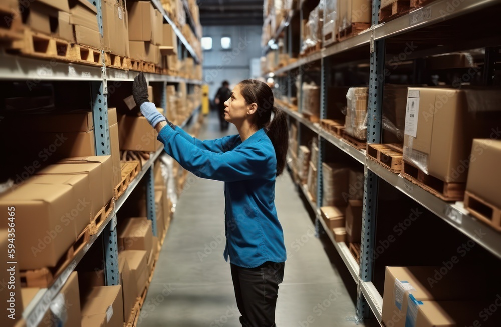 Female warehouse worker conducting inventory check on product shelves ...