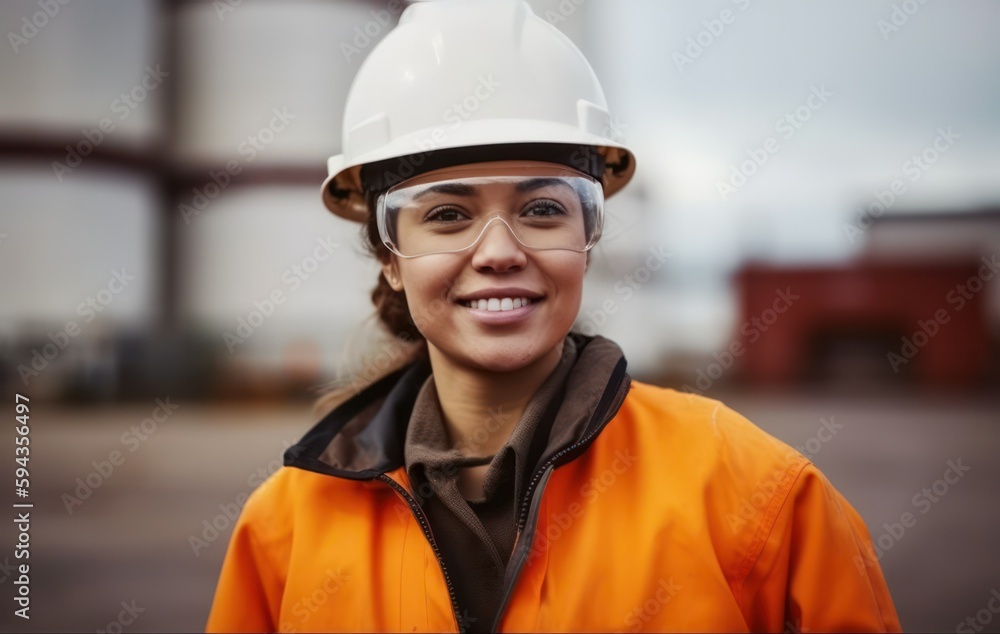 Portrait of a smiling female engineer at an oil refinery, confidently ...