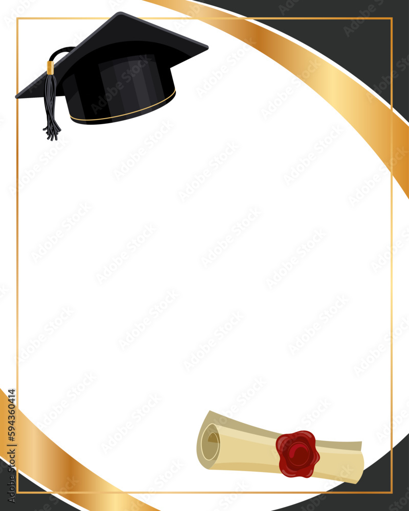 Background with graduation cap and papyrus certificate. Golden black ...