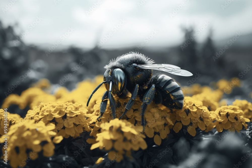 yellow bee alone in a grey dull and withered world. bees getting extinct concept, generative AI ...