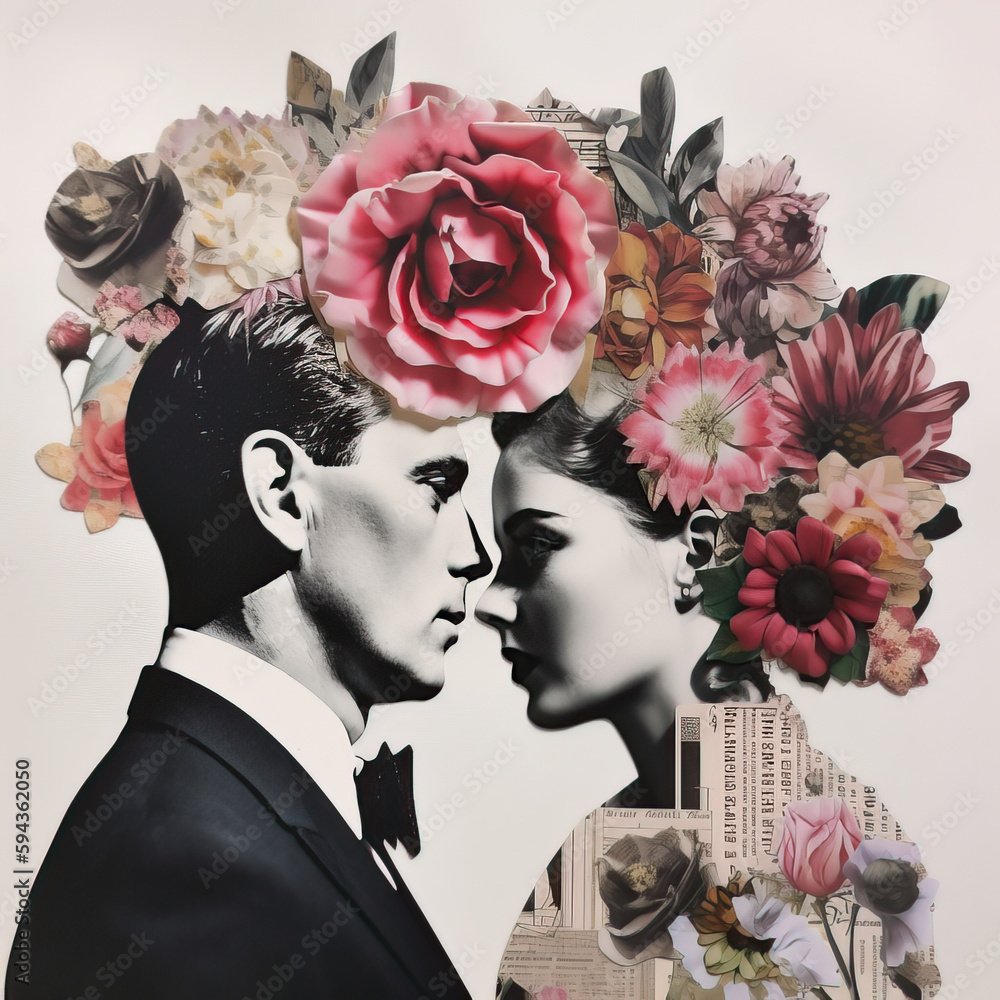 Vintage collage Illustration of a couple, man and woman in a very ...