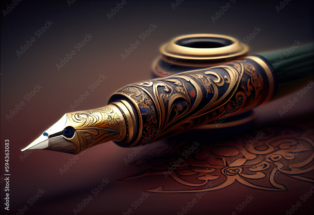Golden fountain pen leaves drawing a straight ink line on a white paper ...